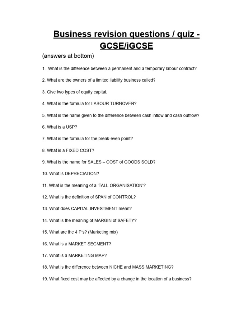 IGCSE Business Revision Quiz | PDF | Employment | Profit (Economics)