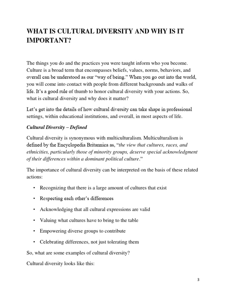 Cultural Diversity Its Importance | PDF | Multiculturalism | Cultural ...