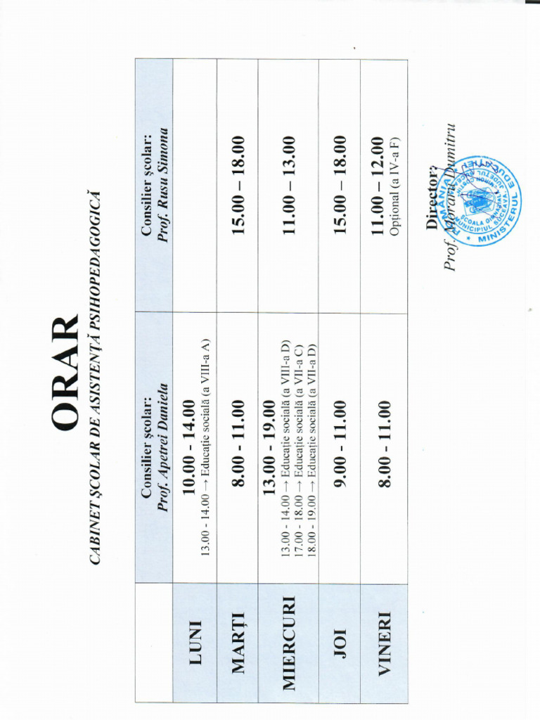 Orar Cabinet Scolar de Asistenta Psihopedagogica | PDF