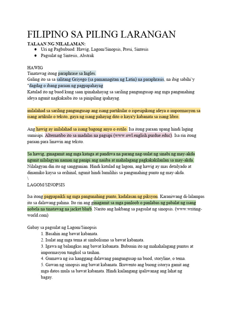 Filipino Sa Piling Larangan (Akademic) Reviewer Notes Q2 | PDF