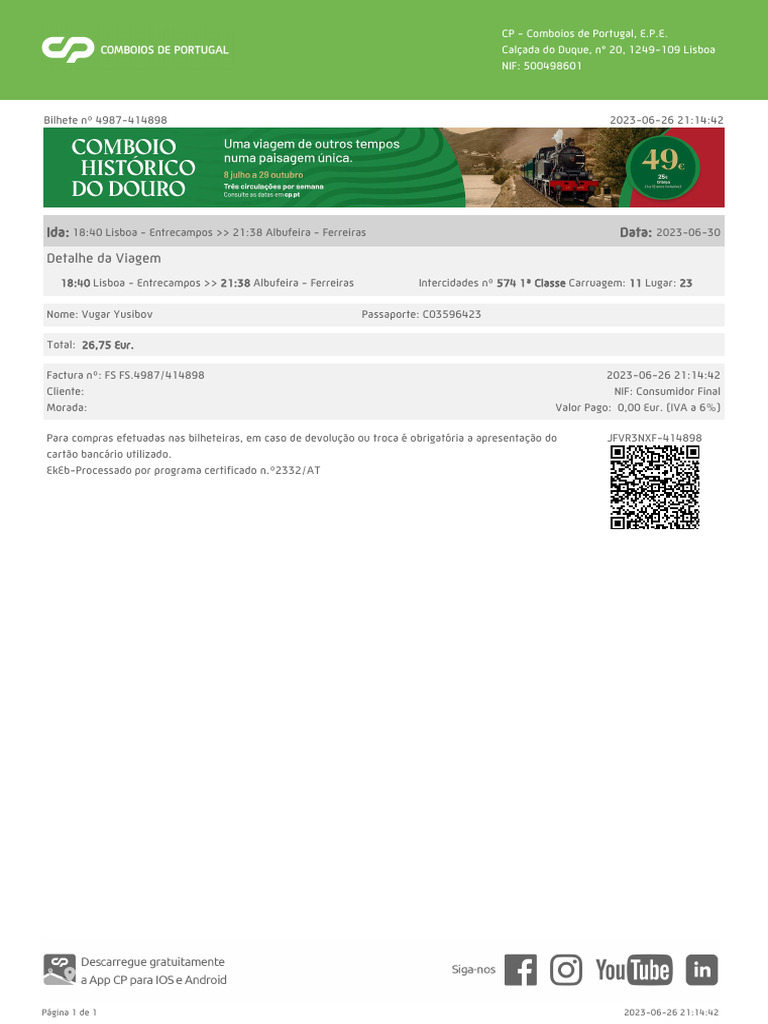 Bilhetes de Comboio - Lisboa a Albufeira | PDF