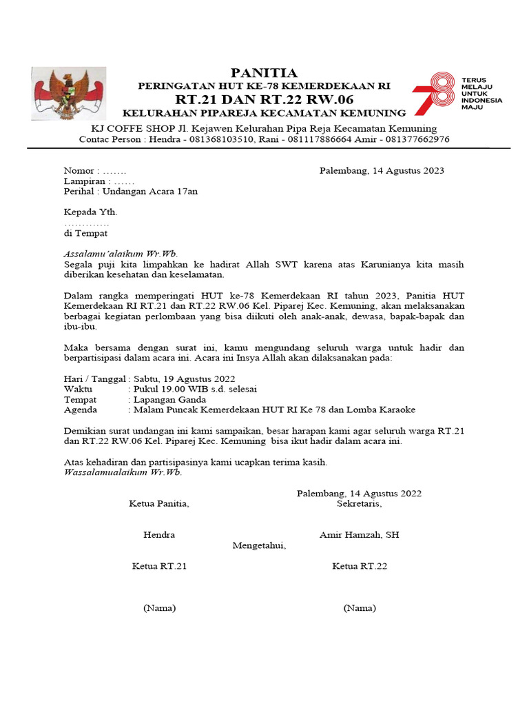 Surat Undangan Acara 17an HUT RI Tahun 2023 | PDF