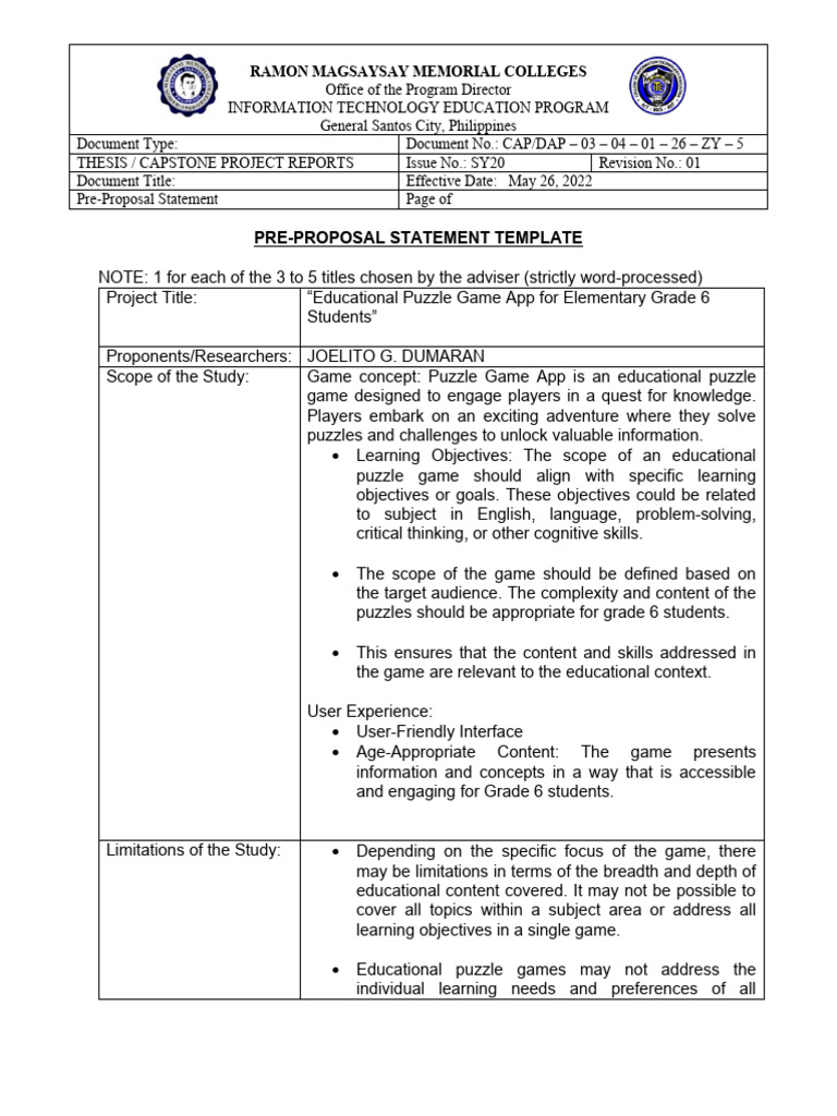 Preproposal Statement Puzzle Game | PDF | Art