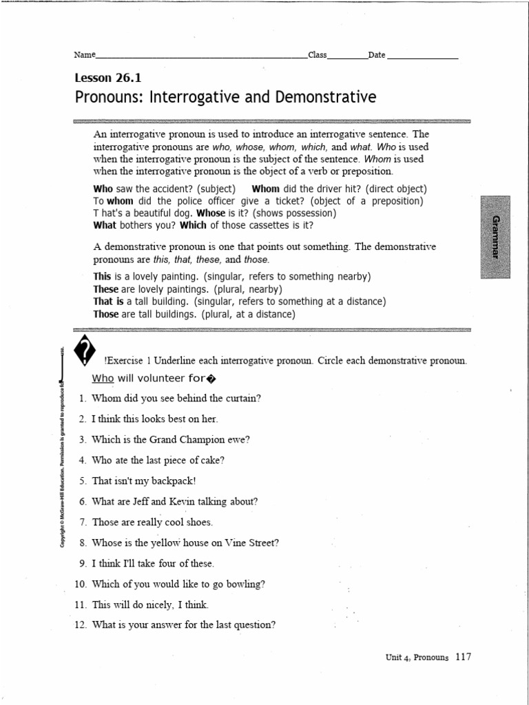 Grammar 7 Lesson 26.1 Pronouns Interrogative and Demonstrative | PDF ...
