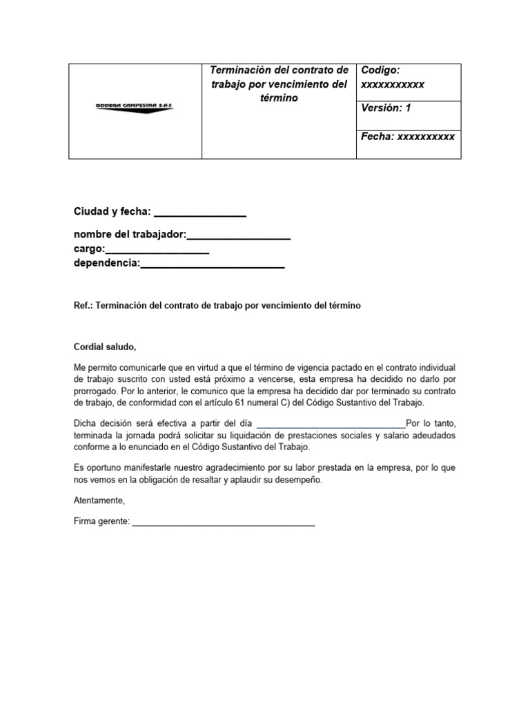 Modelo De Carta De Preaviso De Terminacion De Contrato Laboral – HEHVK