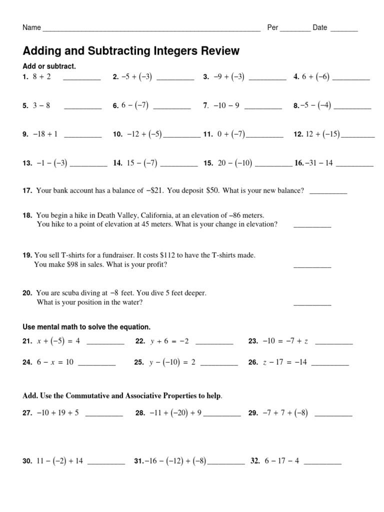 Adding and Subtracting Integers Review Worksheet | PDF | Arithmetic ...