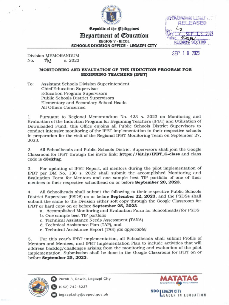 DM No. 463, S. 2023 Monitoring and Evaluation of The Induction Program ...