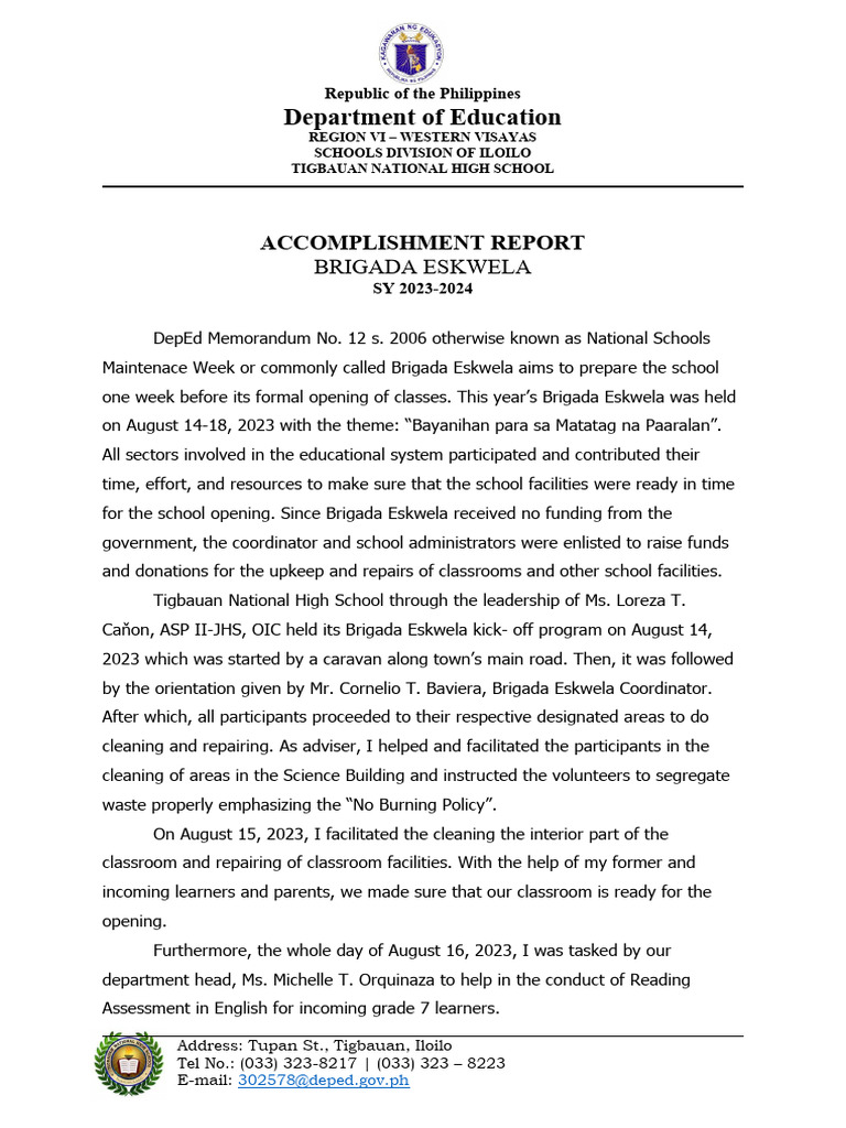 Brigada Accomplishment Report | PDF | Learning