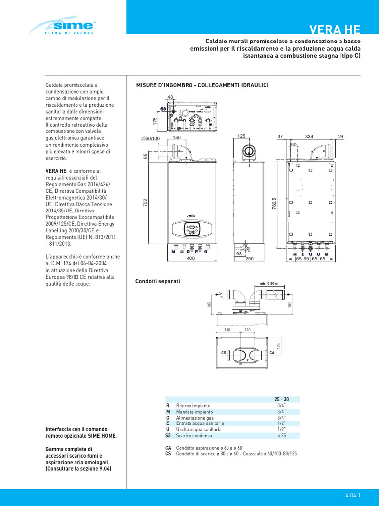 SIME Dati Tecnici Caldaia A Condensazione VERA HE 25 30 | PDF