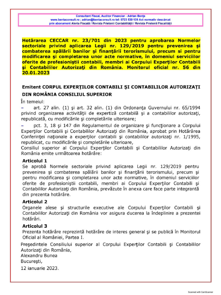 Hotararea CECCAR Nr. 23per 701 Din 2023 Norme Combaterea Spalarii ...