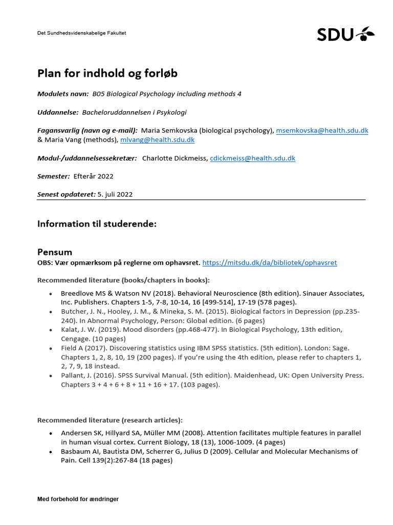 Plan For Indhold Og Forløb B05 E22 | PDF | Hypothalamic–Pituitary–Adrenal Axis | Stress (Biology)