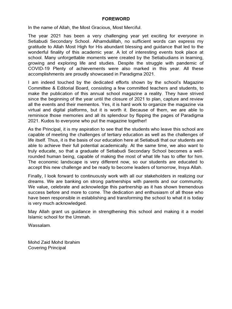 Foreword by Principal For School Magazine | PDF