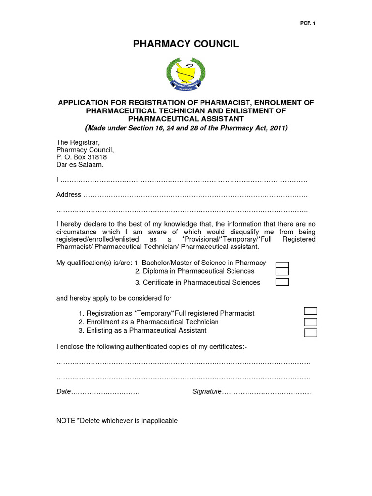 Application For Registration of Pharmacist, Enrolment of Pharmaceutical ...