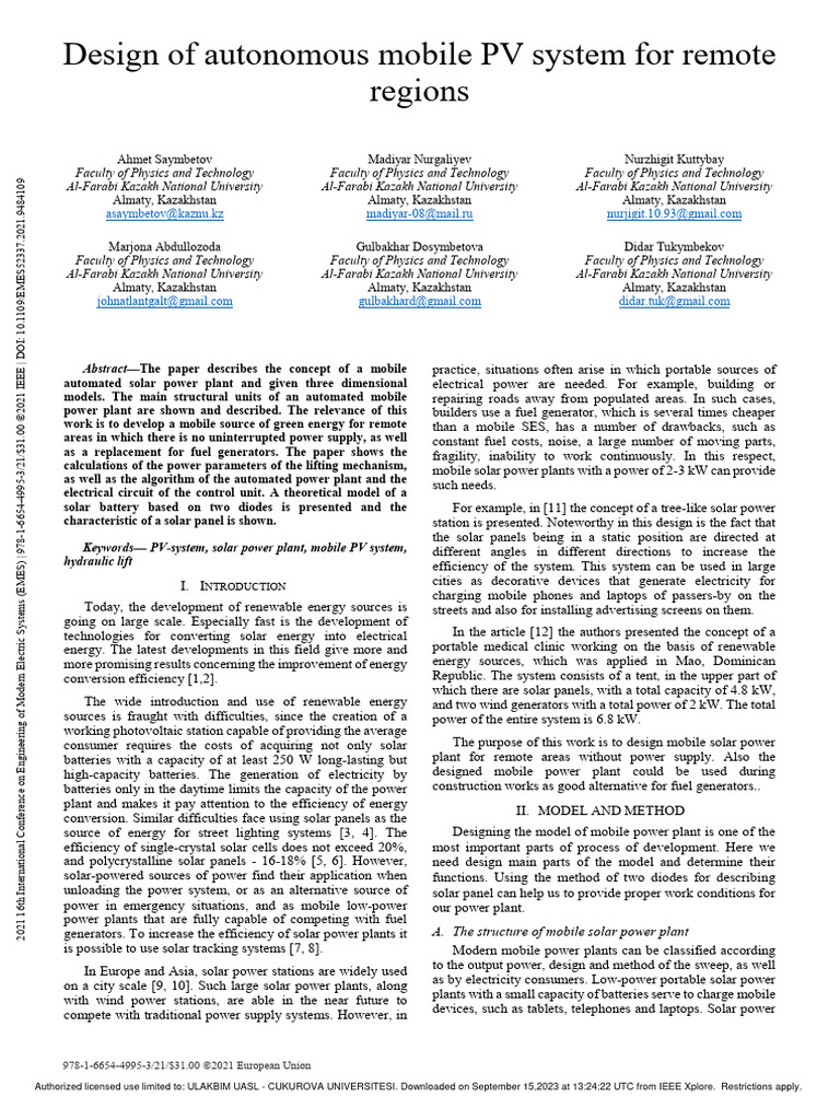 Design of Autonomous Mobile PV System For Remote Regions | PDF | Solar ...