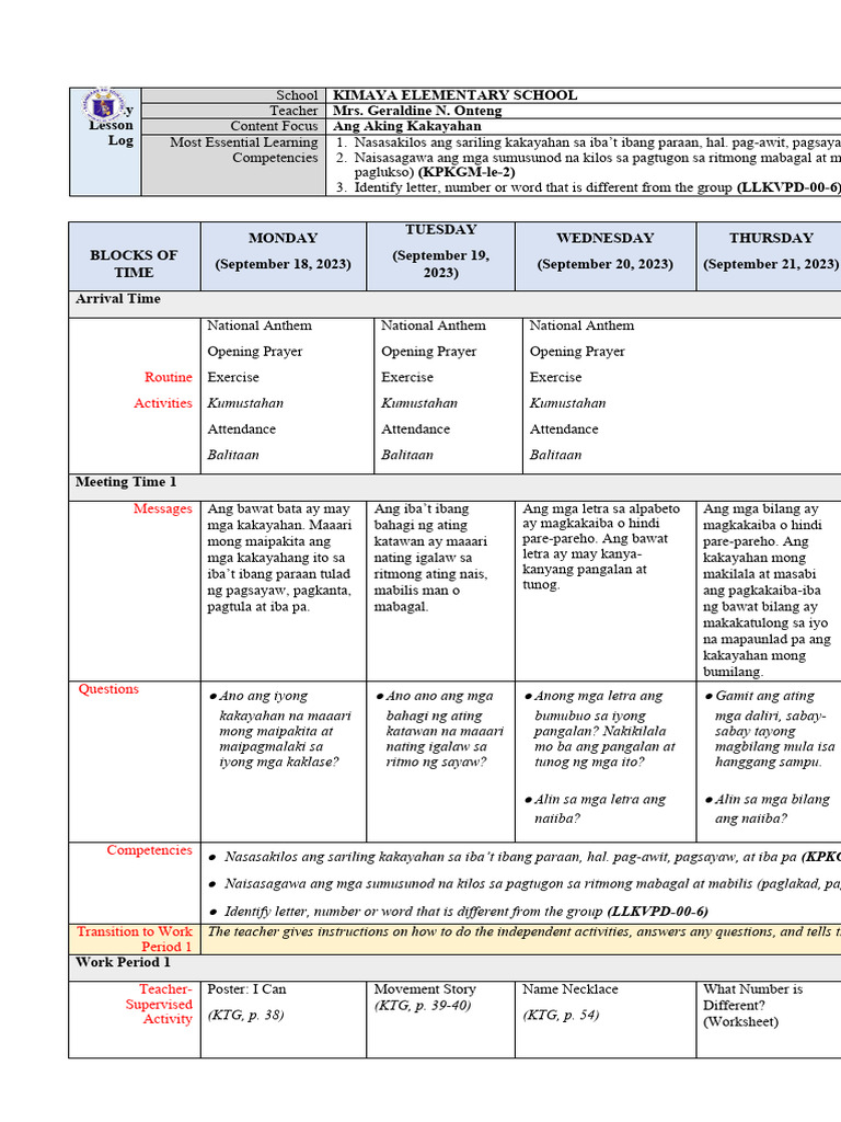 Kindergarten-DLL-MELC-Q1-Week 4 Asf | PDF