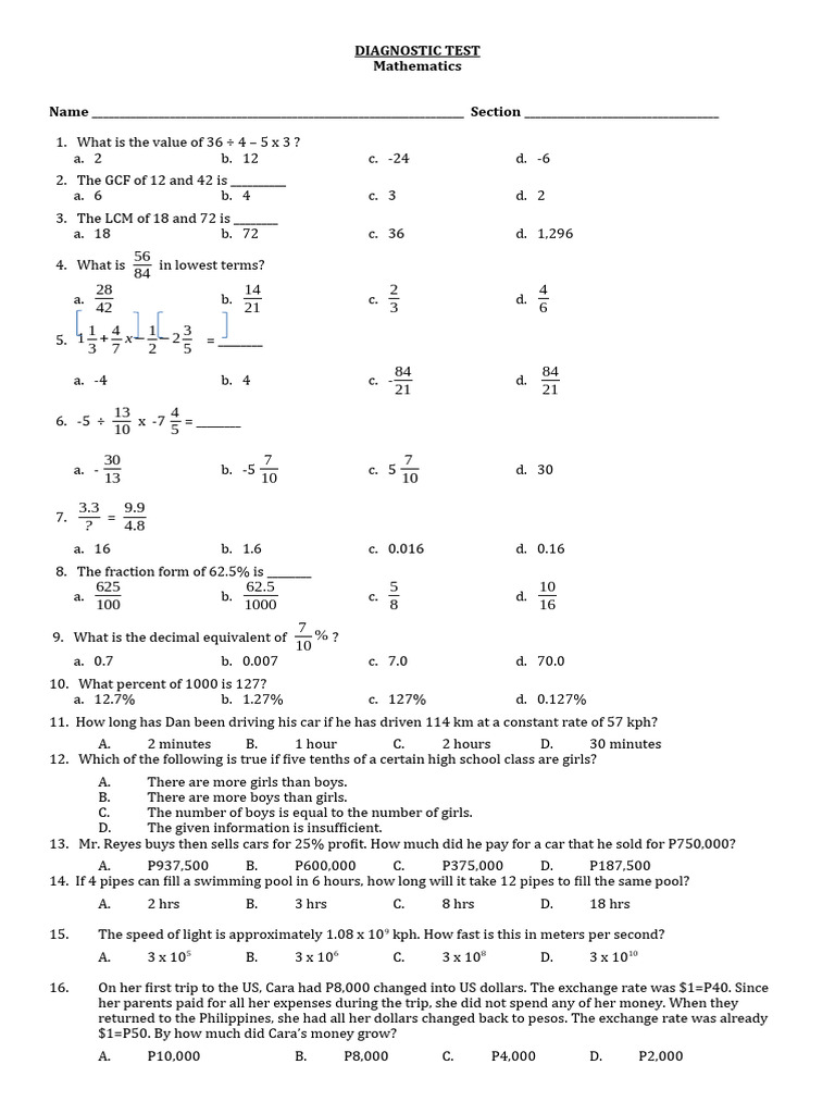 Diagnostic Test GenMath | PDF