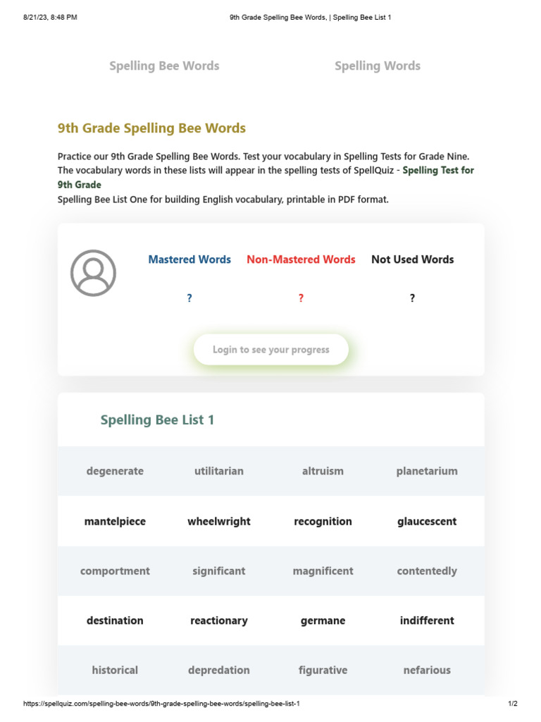 9th Grade Spelling Bee Word List | PDF