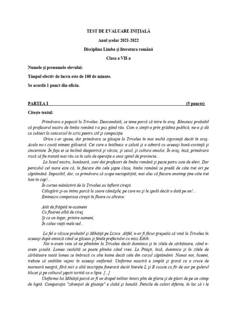 TEST DE EVALUARE INIŢIALĂ, Cls A VII-a | PDF