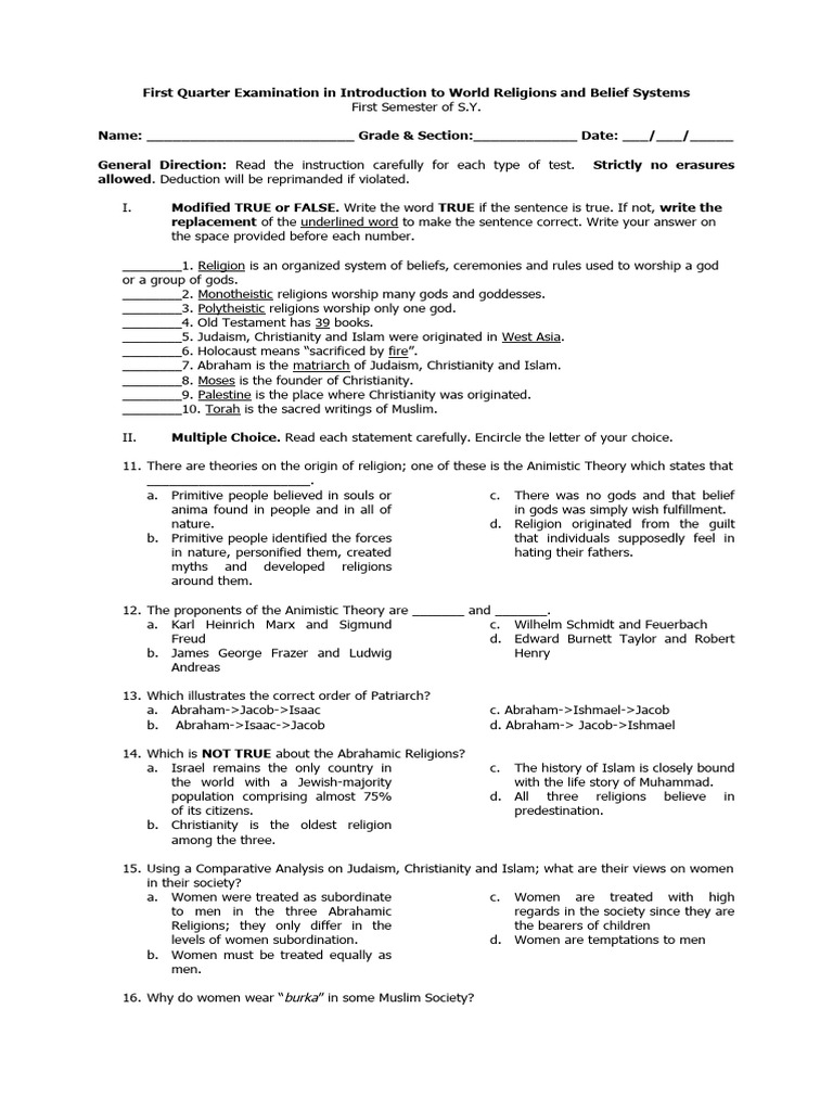 Intro-to-Religion-With-Answer-Key-and-TOS Exam First Quarter | PDF ...