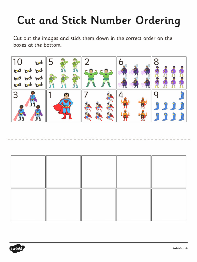 T T 24723 Superhero Themed Cut and Stick Number Ordering Sheets | PDF