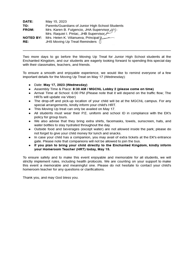 JHS Moving Up Treat Reminder Memo | PDF