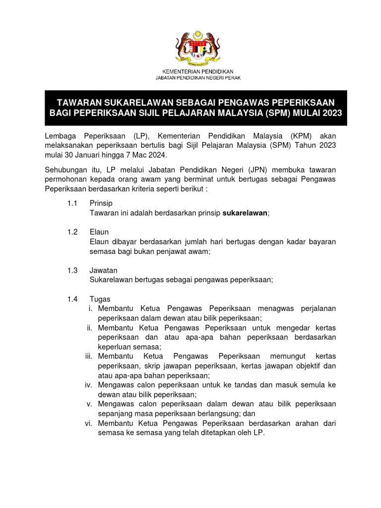Tawaran Sukarelawan Pengawas SPM 2023 | PDF