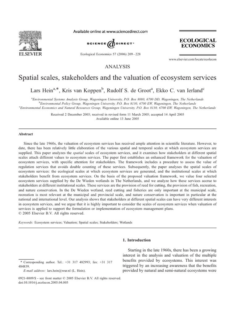 Hein Et Al. - 2006 - Spatial Scales, Stakeholders and The Valuation of ...
