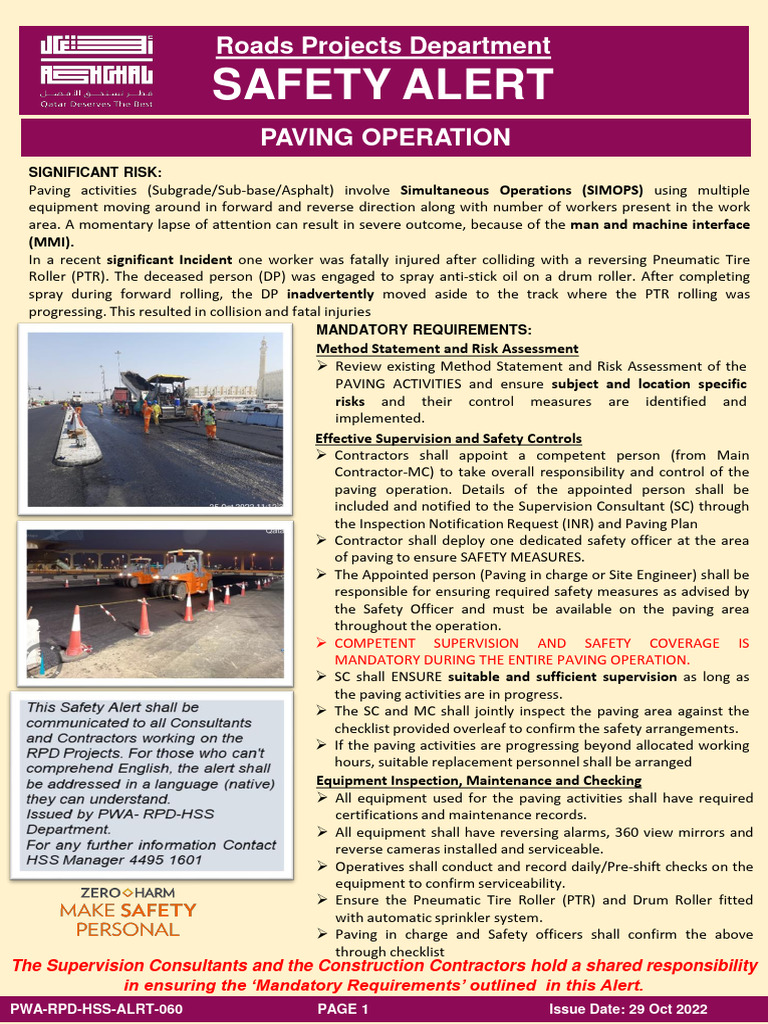 PWA-RPD-HSS-ALRT-060 Paving Operation Safety Rev1 | PDF | Occupational Safety And Health | Safety