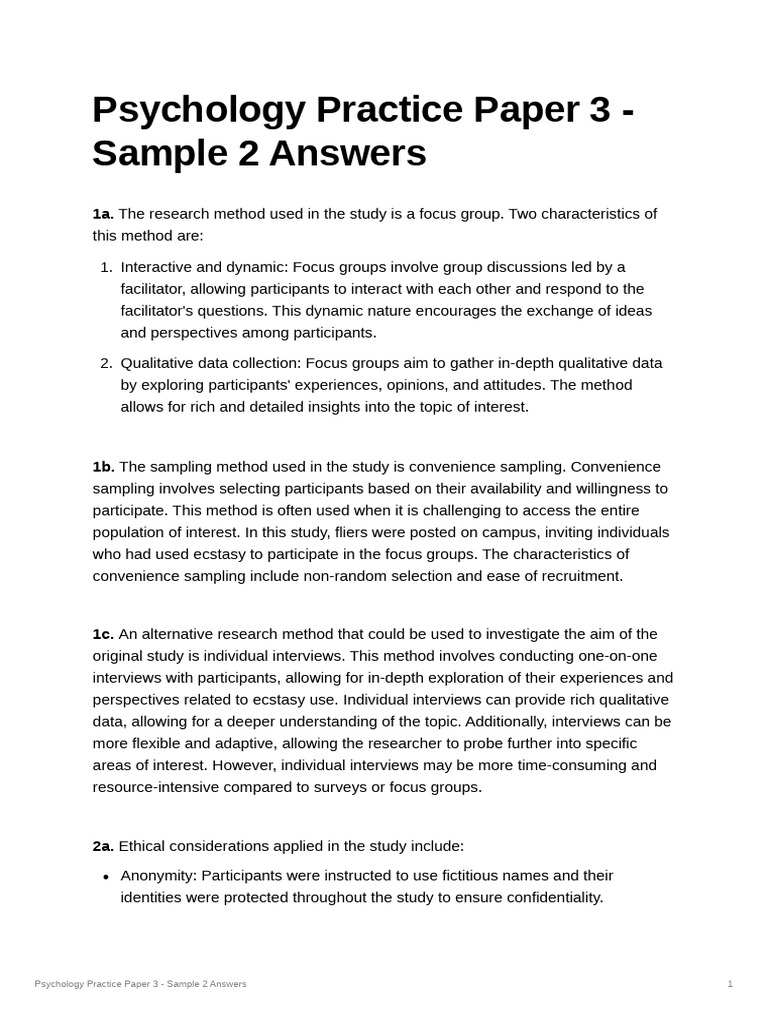 Psychology Practice Paper 3 - Sample 2 Answers | PDF | Career & Growth ...