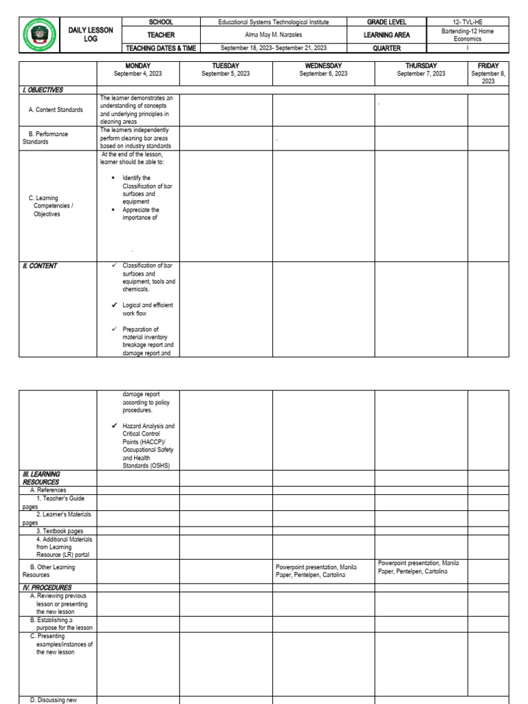 Grade 12 Bartending Lesson Plan | PDF | Learning | Teachers