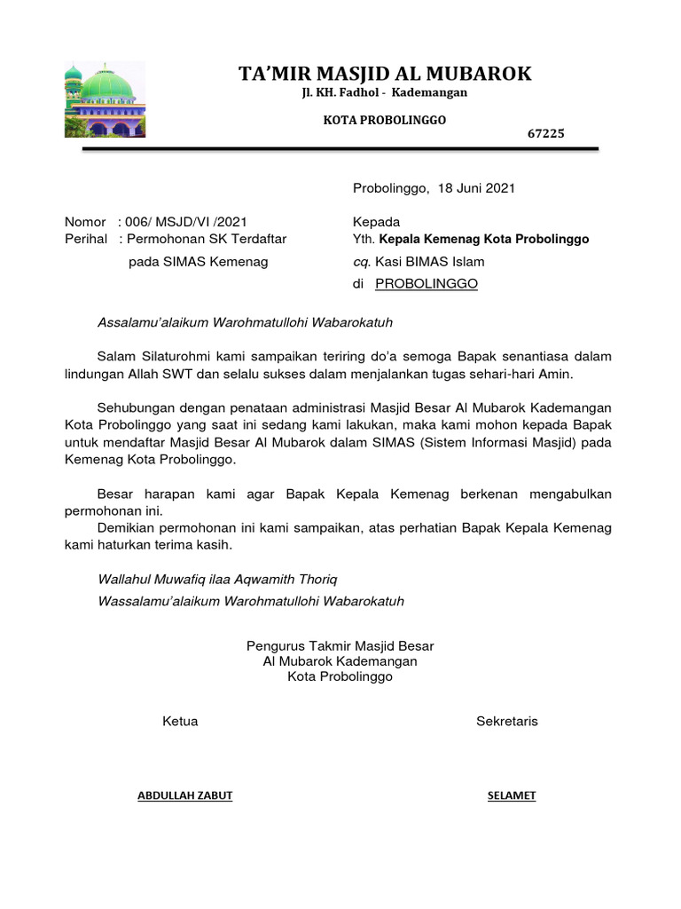Surat Permohonan SK Masjid | PDF