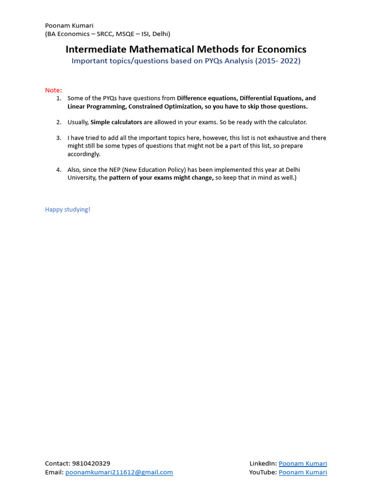 Intermediate Mathematical Methods For Economics | PDF | Derivative | Equations
