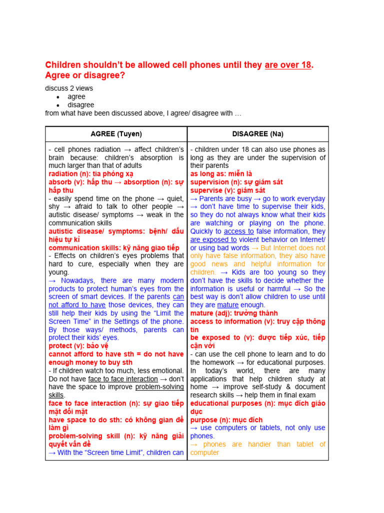 Children Should Not Be Allowed Cell Phones Until They Are Over 18. Agree or Disagree | PDF