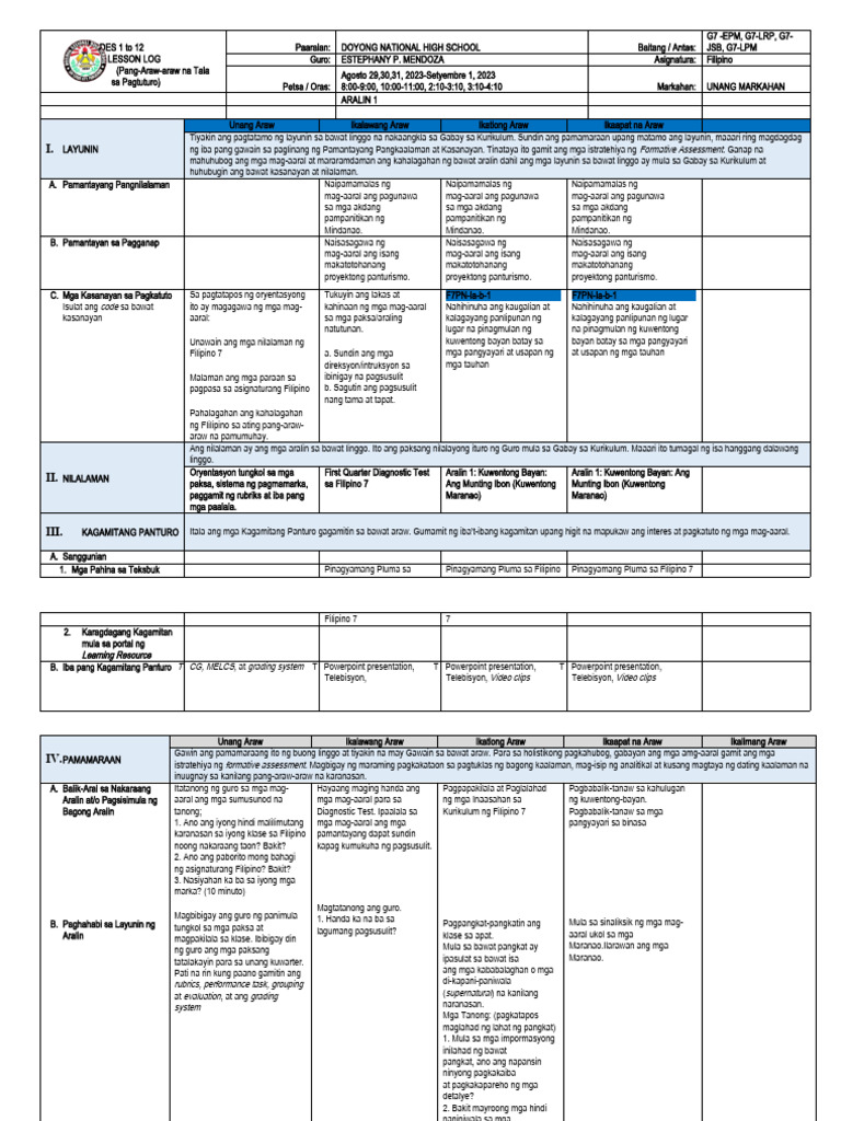 Aralin 1.1 Weekly DLL Fil7 | PDF