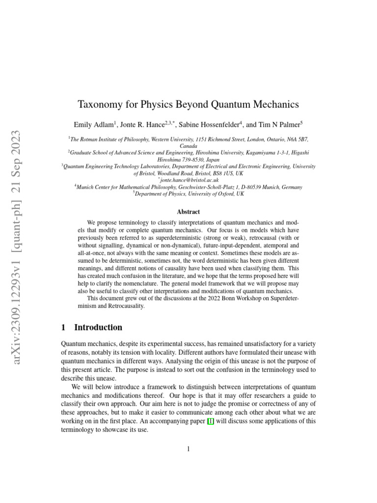 Taxonomy For Physics Beyond Quantum Mechanics: Emily Adlam, Jonte R. Hance, Sabine Hossenfelder ...