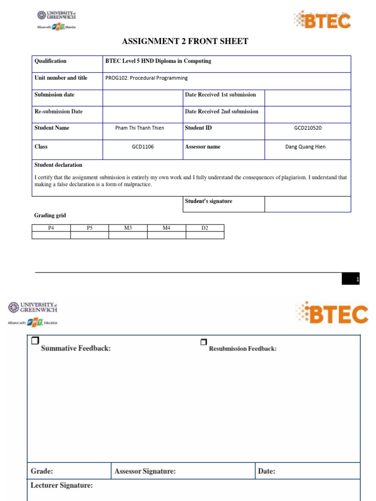 Prog102 GCD1106 Asm2 PhamThiThanhThien GCD210520 | PDF | Computer Program | Programming
