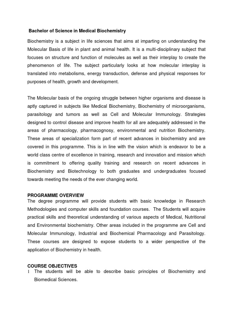 BSc in Medical Biochemistry Overview | PDF | Pharmacology | Biochemistry