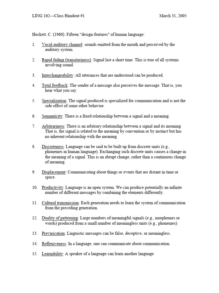 Hockett's 15 Language Design Features | PDF | Language Arts & Discipline