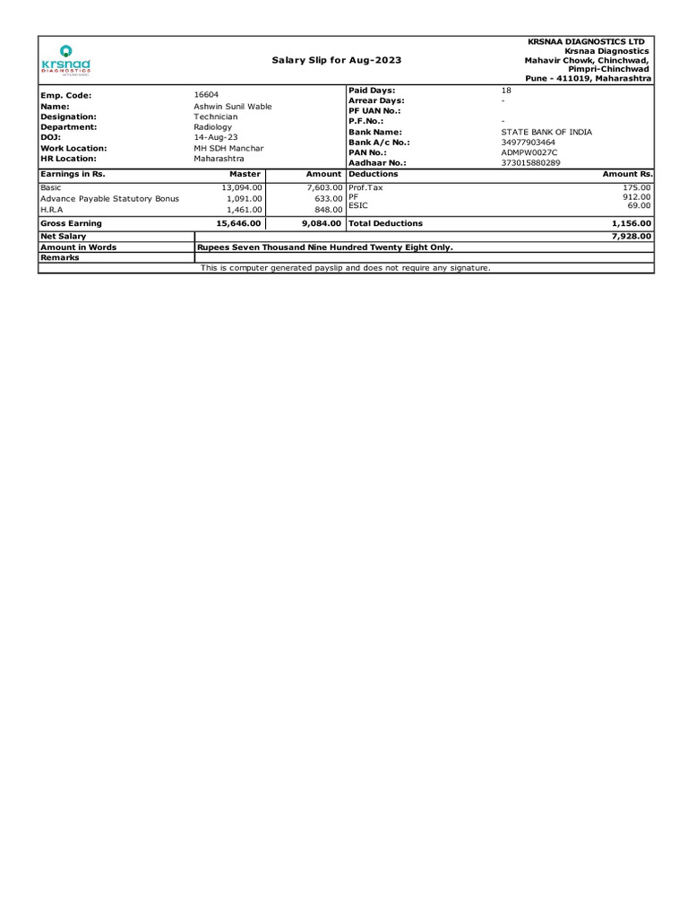 Payslip KDPL 082023 16604 | PDF