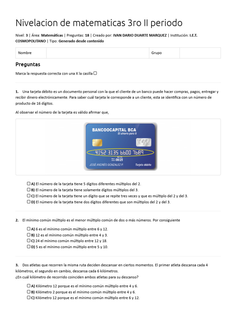 Nivelacion de Matematicas 3ro II Periodo | PDF | División (Matemáticas)
