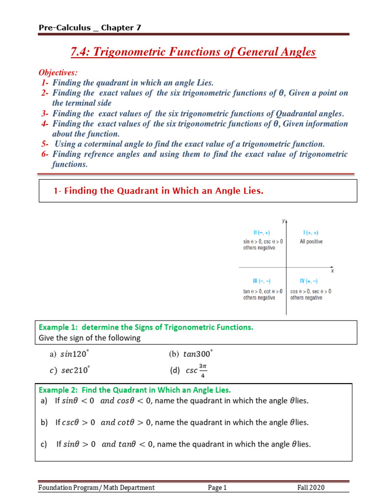 7.4 Trigonometric Functions of General Angles-Fall 2020 | PDF ...