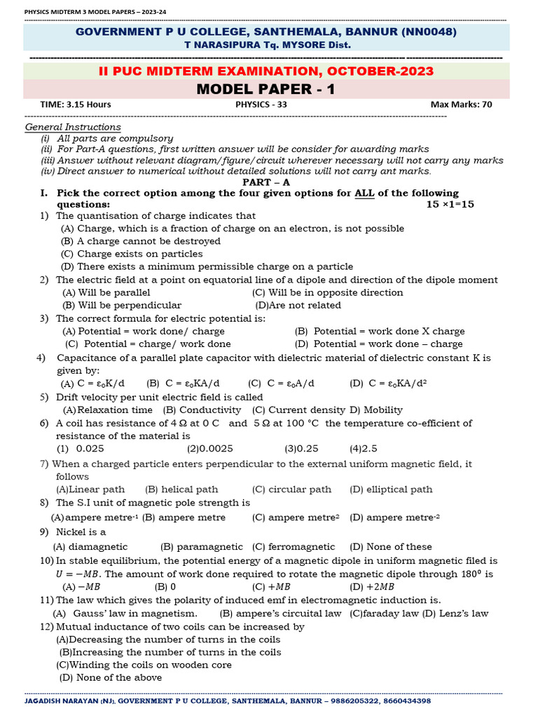 Physics Midterm 3 Model Papers-2023!24!1 | PDF