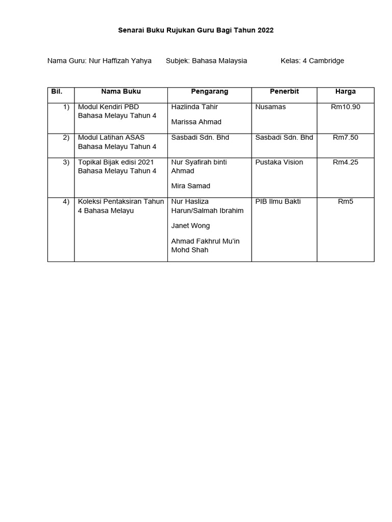 Senarai Buku Rujukan Guru Bagi Tahun 2022 | PDF