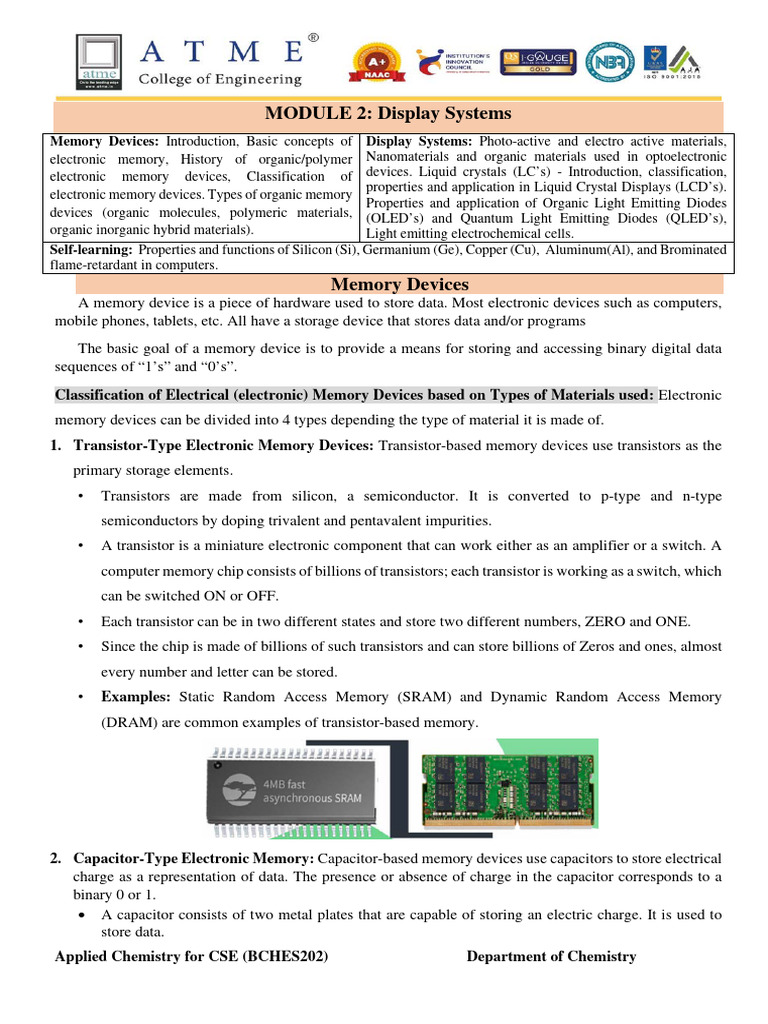 MODULE 2 Memoery Devices and Display Systems | PDF | Random Access Memory | Oled