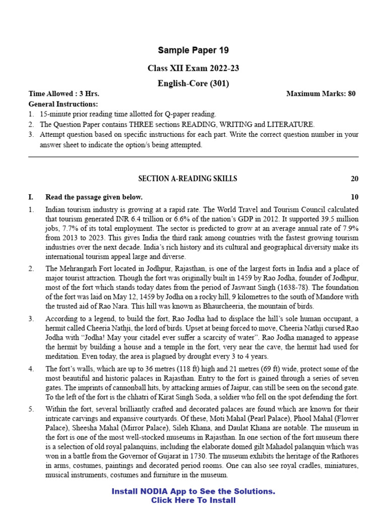 EN Sample Paper 19 Unsolved | PDF | Swimming