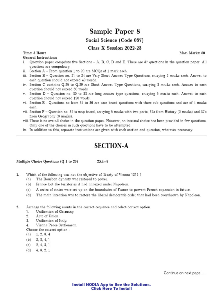 SS Sample Paper 8 Unsolved | PDF