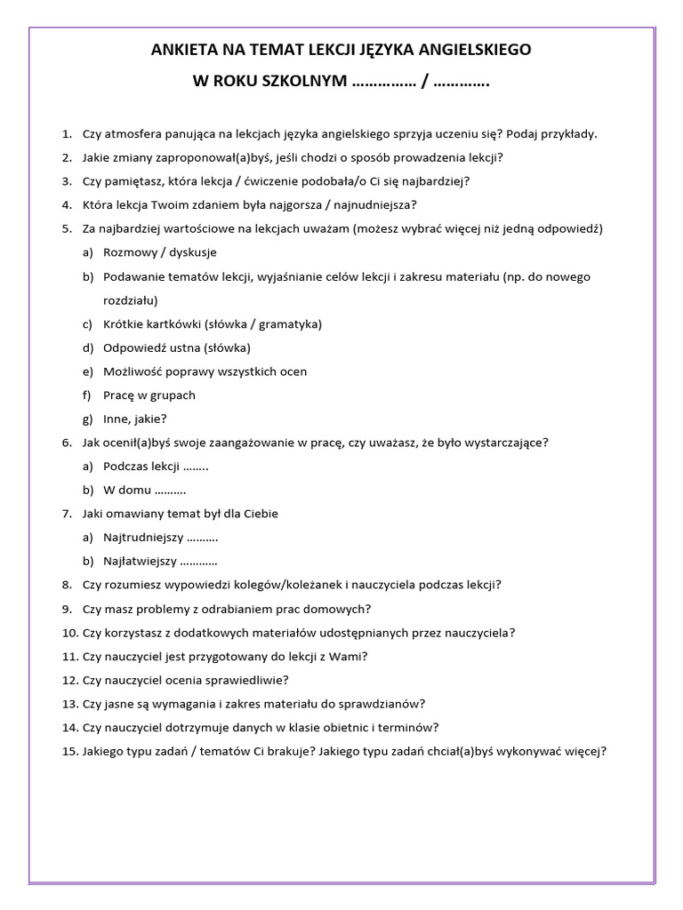 Ankieta Na Temat Lekcji | PDF