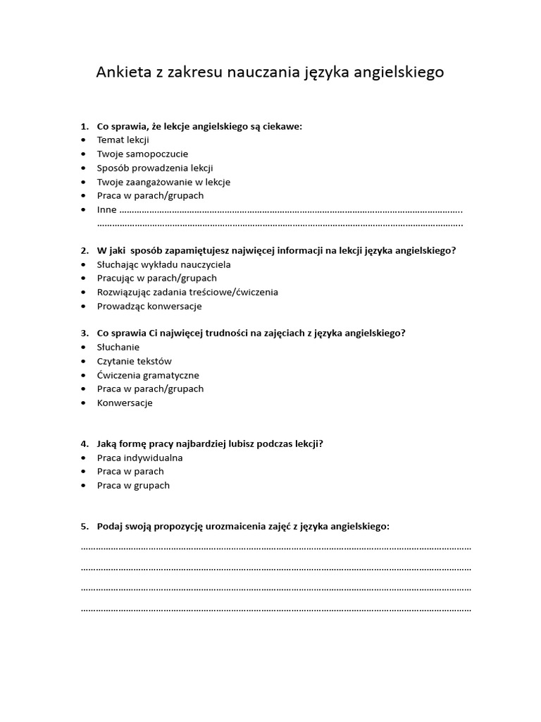 Ankieta Z Zakresu Nauczania Języka Angielskiego | PDF