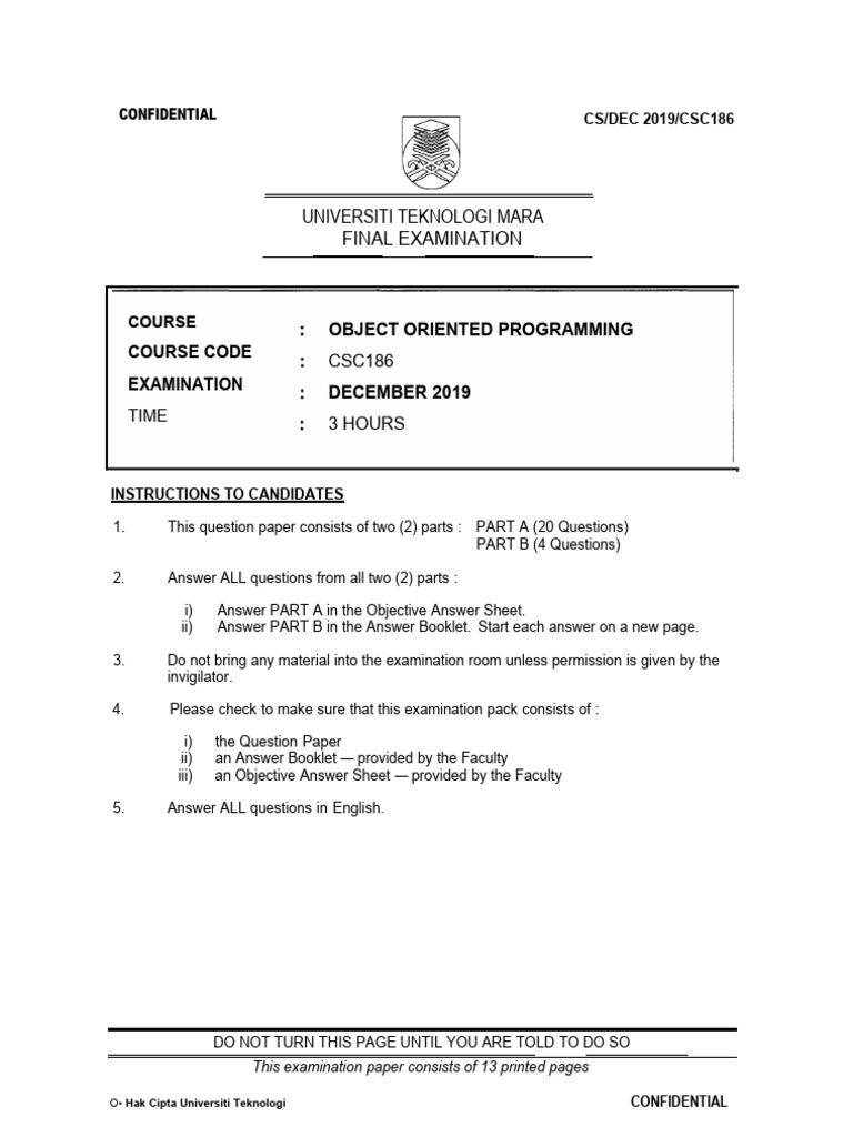 CSC186 FinalDec2019 | PDF | Method (Computer Programming) | Object (Computer Science)