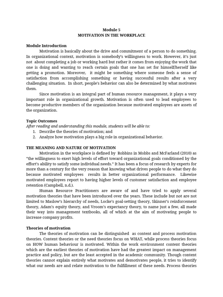 Chapter 5 - Motivation in The Workplace | PDF | Motivational | Motivation